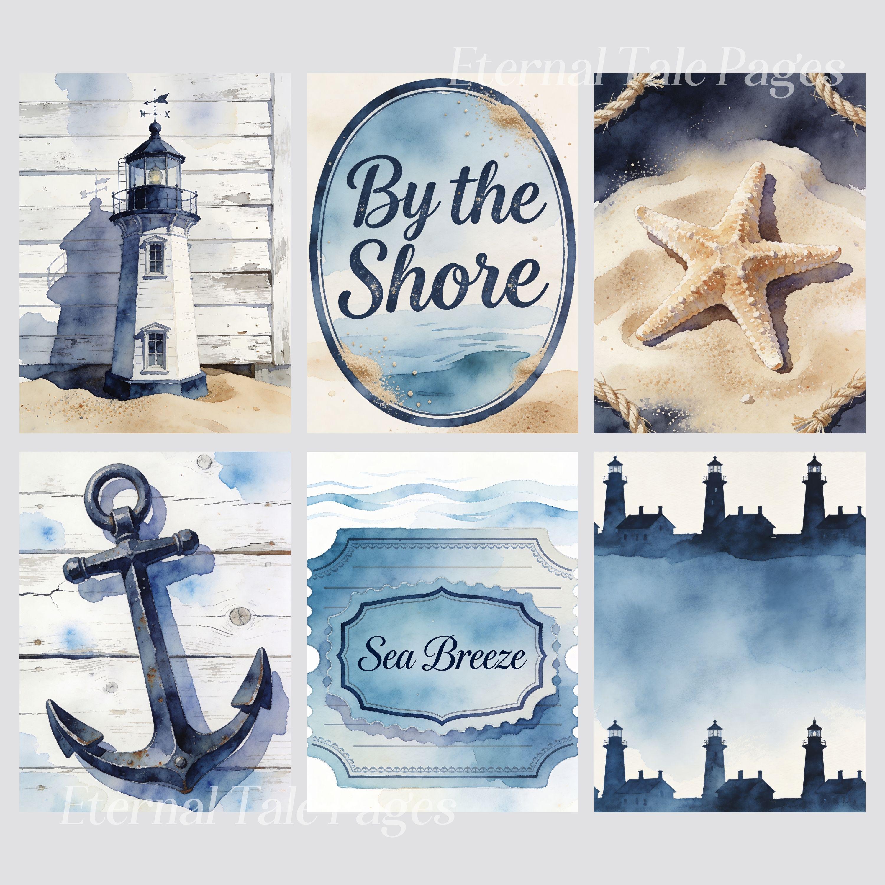 Coastal Nautical Digital Paper, Blue Beach and Lighthouse Backgrounds ...