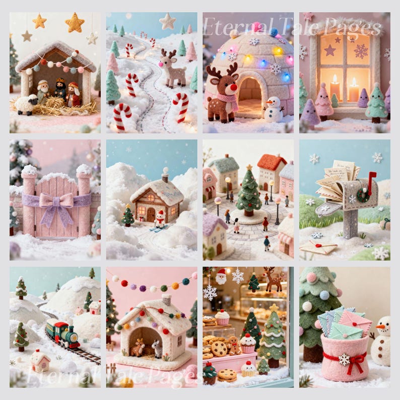 Felt Christmas Scenes Digital Paper, Pastel Winter Designs (digital ...