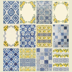 Mediterranean Lemon Digital Paper: Blue Tile Scrapbook (digital ...