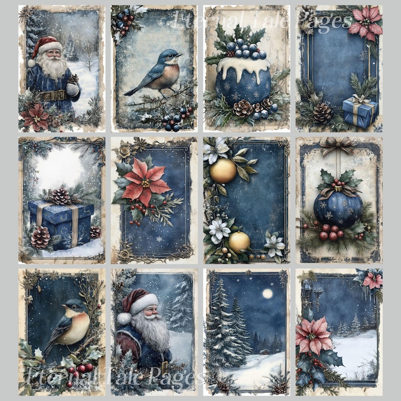 Vintage Blue Christmas Digital Paper: Junk Journal Scrapbook (digital ...