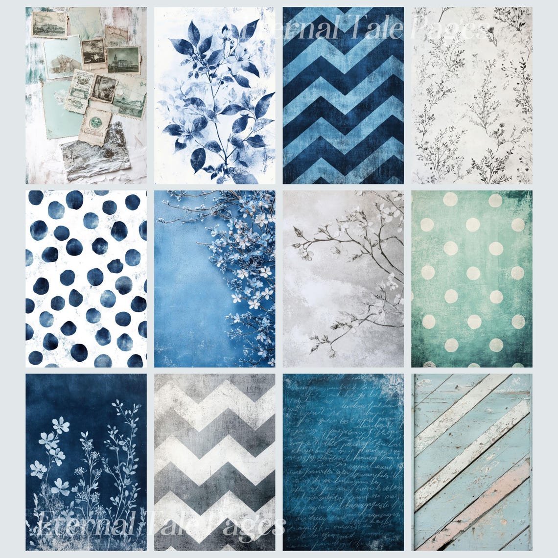 Winter Botanical Digital Paper: Grungy Blue Scrapbook Backgrounds ...