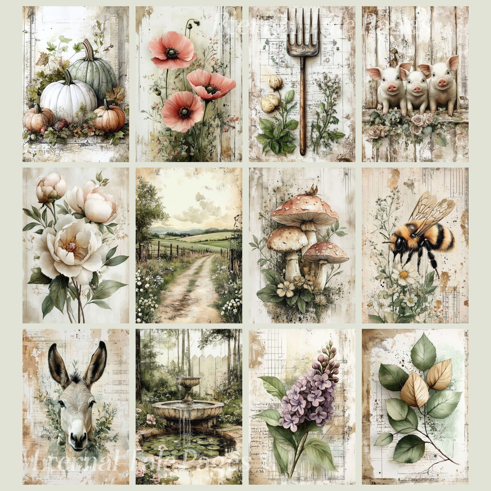 Green Farm Digital Paper: Rustic Cottagecore Scrapbook Pages (digital ...