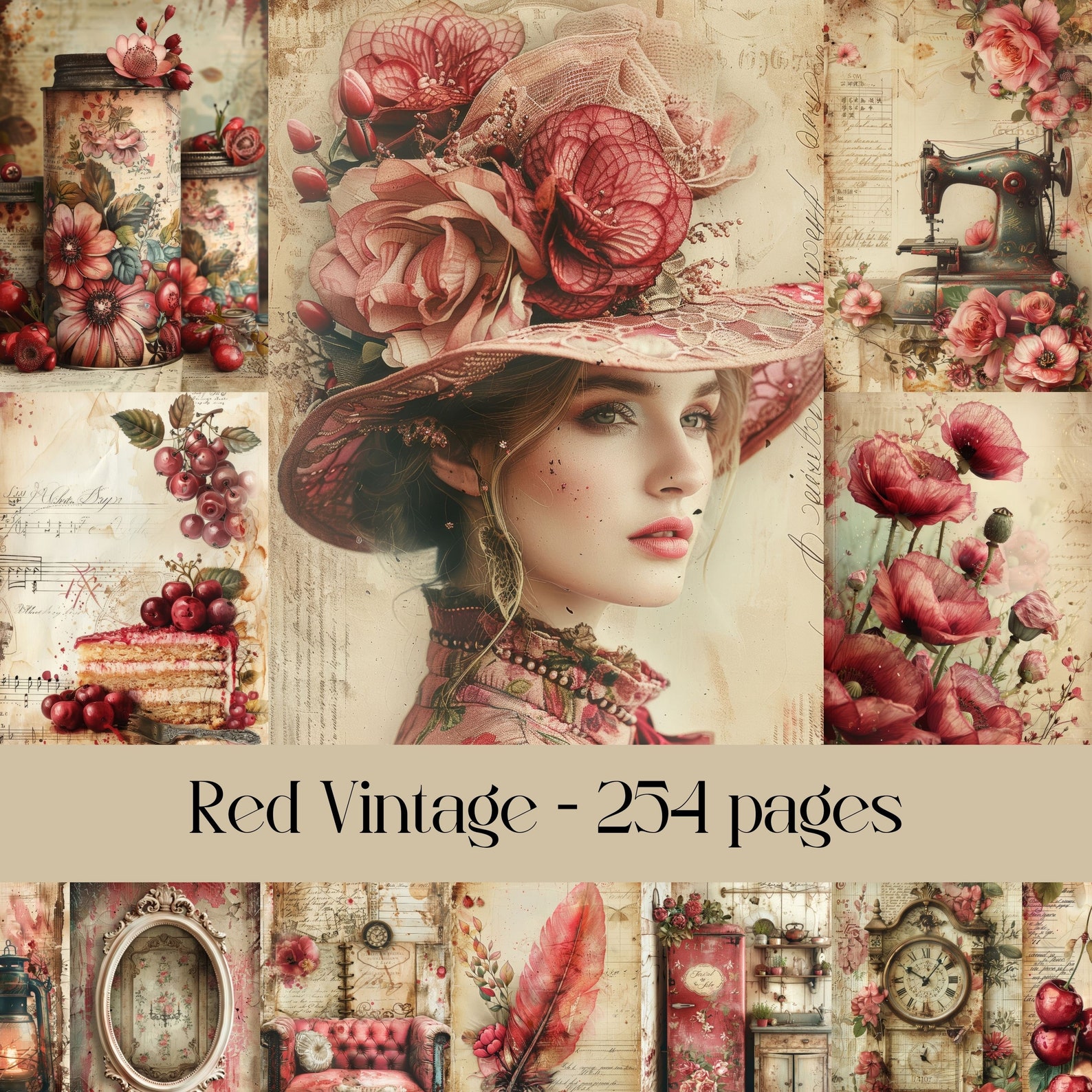 Red Vintage Scrapbook Paper: Rustic Ephemera Collage (digital Download ...