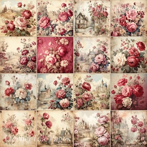 Red Roses Shabby Chic Digital Paper: Vintage Scrapbook Pages (digital ...