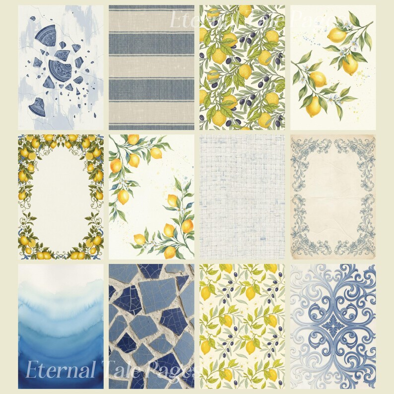 Mediterranean Lemon Digital Paper: Blue Tile Scrapbook (digital ...