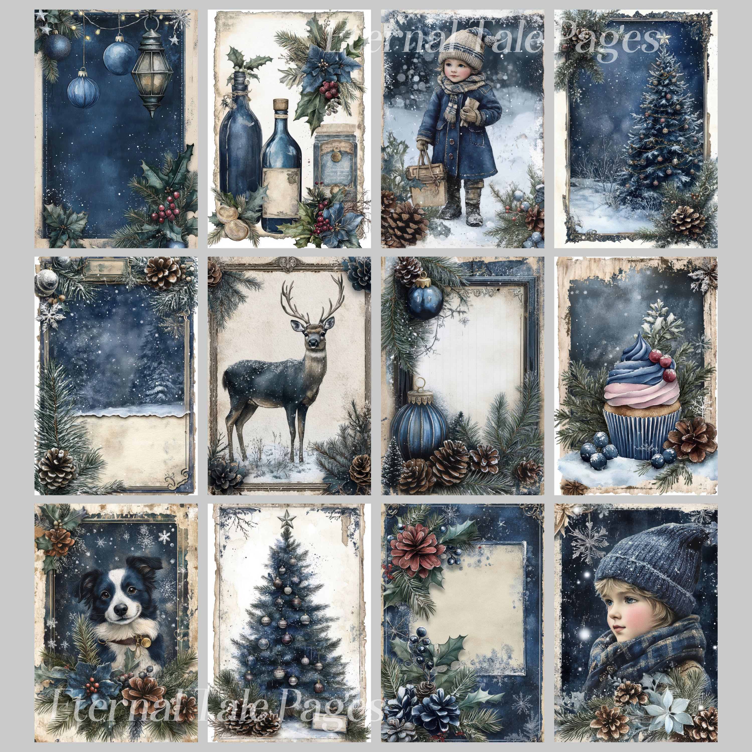 Vintage Blue Christmas Digital Paper: Junk Journal Scrapbook (digital ...