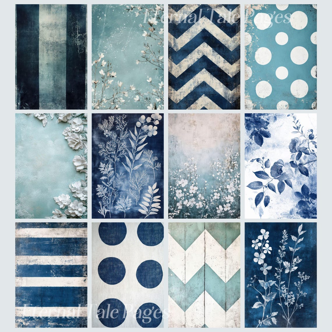 Winter Botanical Digital Paper: Grungy Blue Scrapbook Backgrounds ...