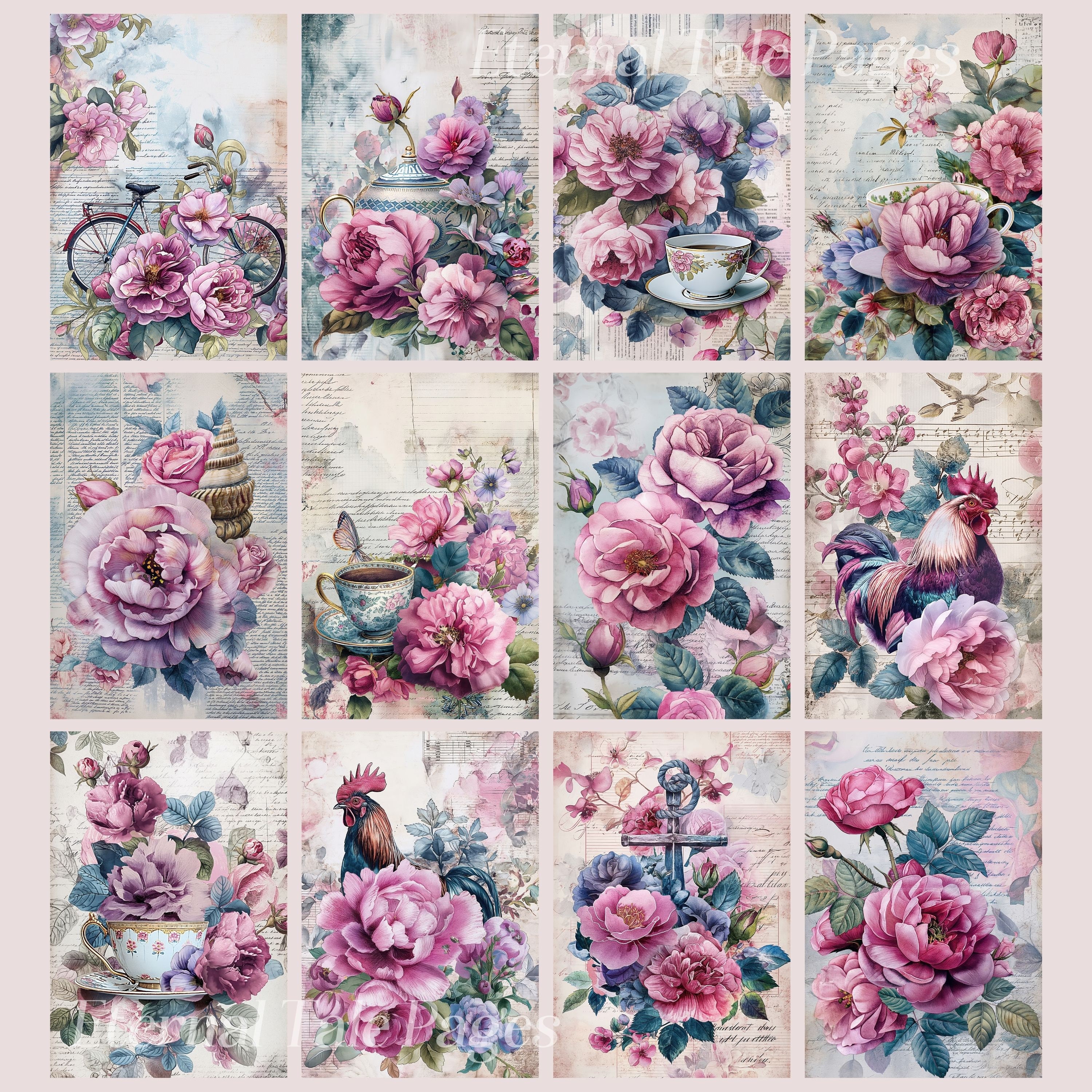 Pink Floral Collage Paper, Vintage Peonies Roses Ephemera (digital ...