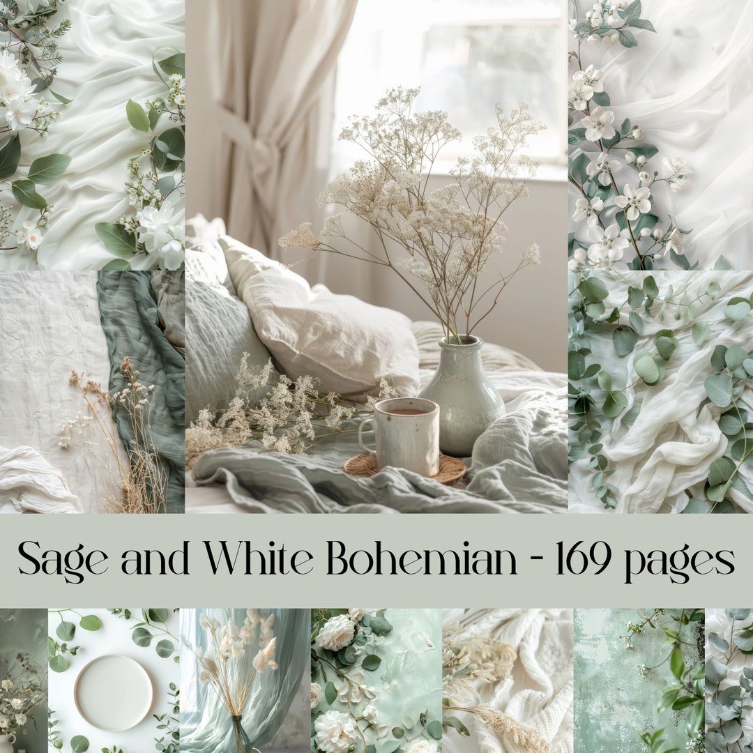 Sage & White Bohemian Backgrounds: Floral Mockup Photos (digital ...