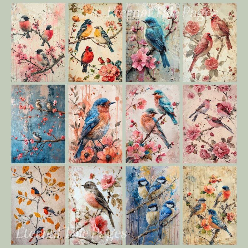 Birds & Flowers Digital Paper: Shabby Chic Scrapbook Pages (digital ...