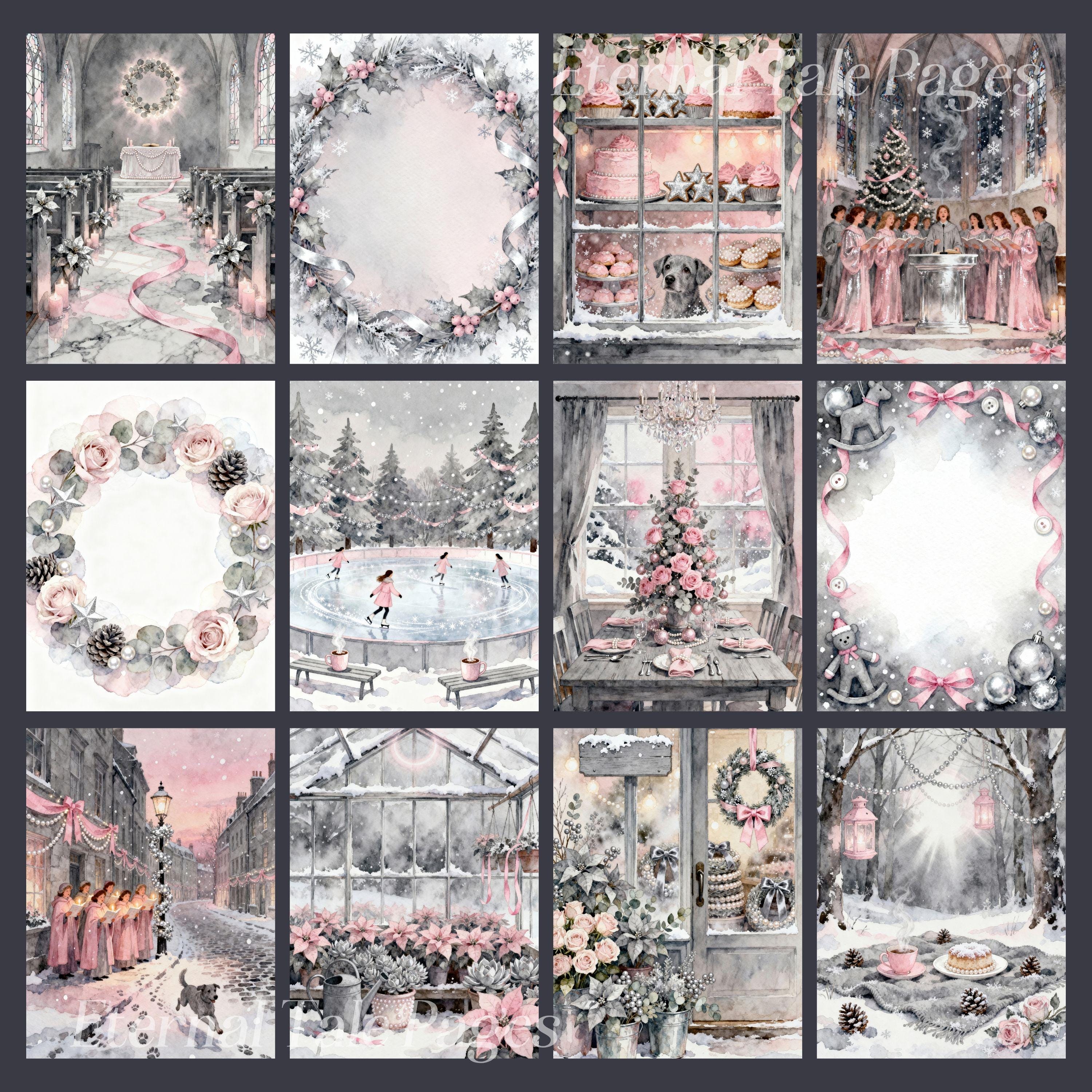 Pink & Silver Christmas Papers, Winter Scenes (digital Download) - Etsy
