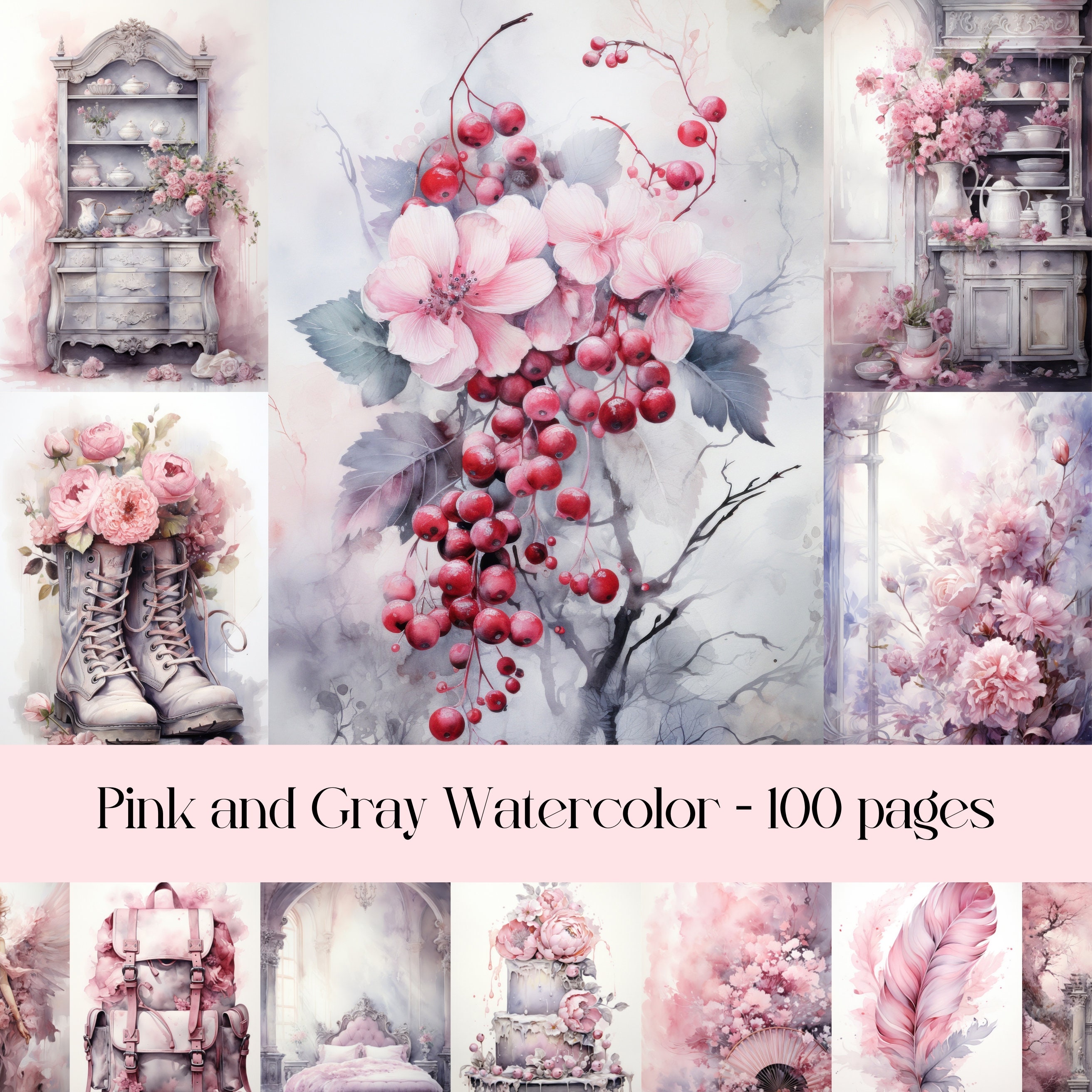 Pink and Gray Watercolor Pages for Junk Journals, Scrapbooking, Collage ...