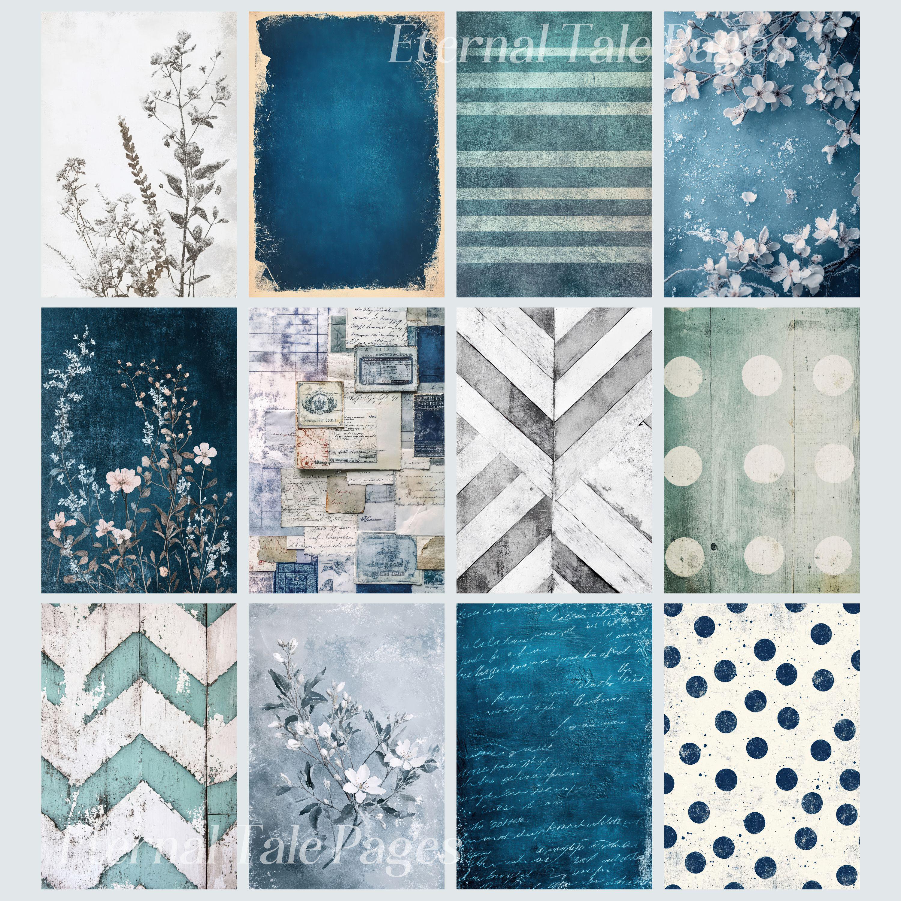 Winter Botanical Digital Paper: Grungy Blue Scrapbook Backgrounds ...