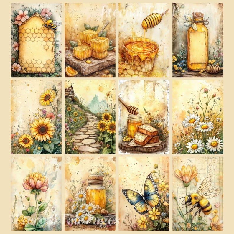 Honey Bee Digital Paper: Vintage Scrapbook Pages, Printable Wall Art ...