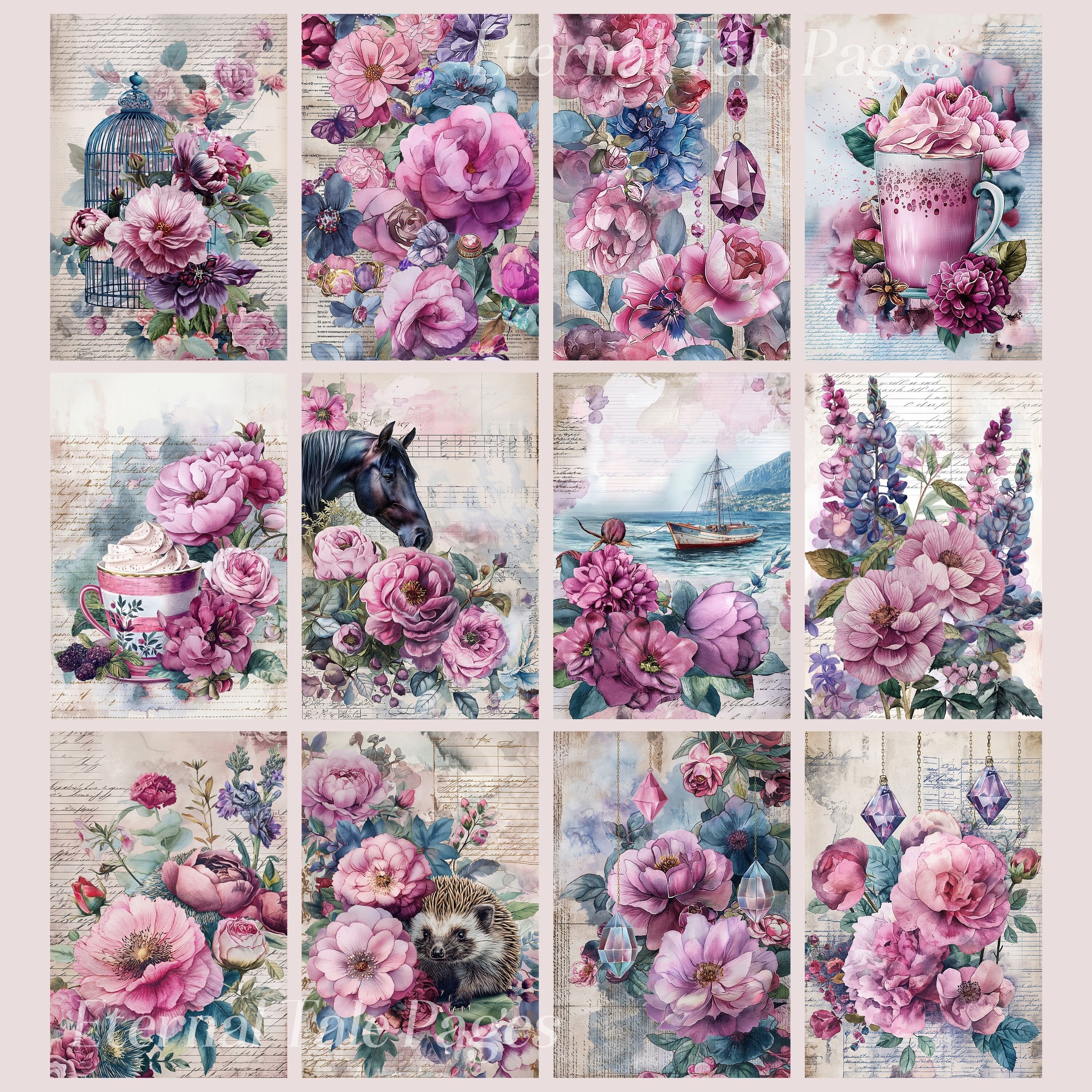 Pink Floral Collage Paper, Vintage Peonies Roses Ephemera (digital ...