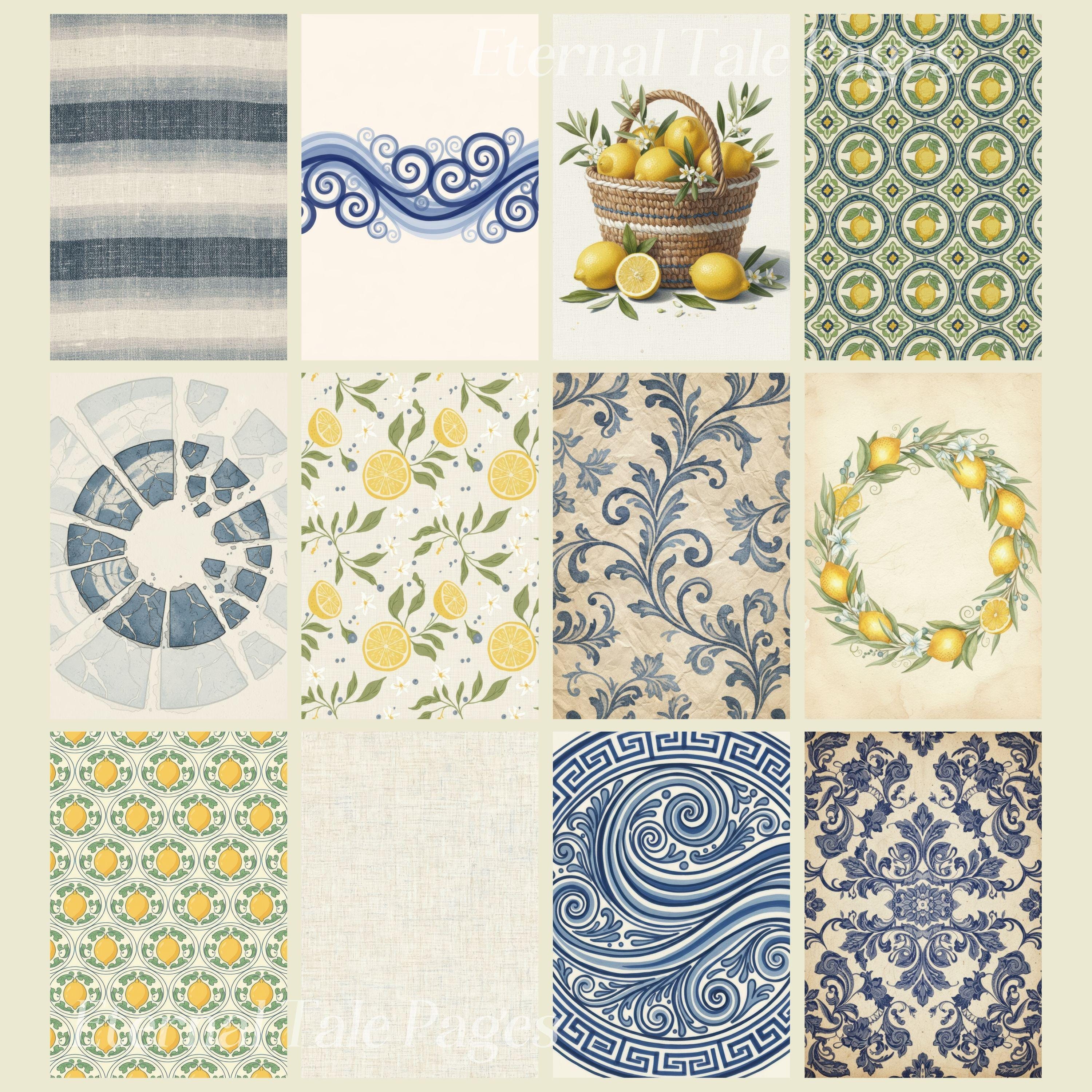 Mediterranean Lemon Digital Paper: Blue Tile Scrapbook (digital ...