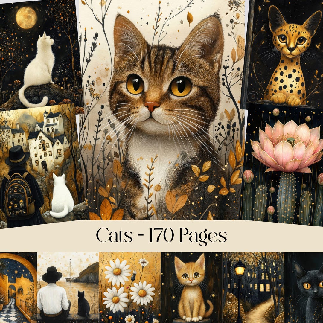 Cats Digital Papers, Whimsical Kittens, Feline Art Backgrounds, Junk ...