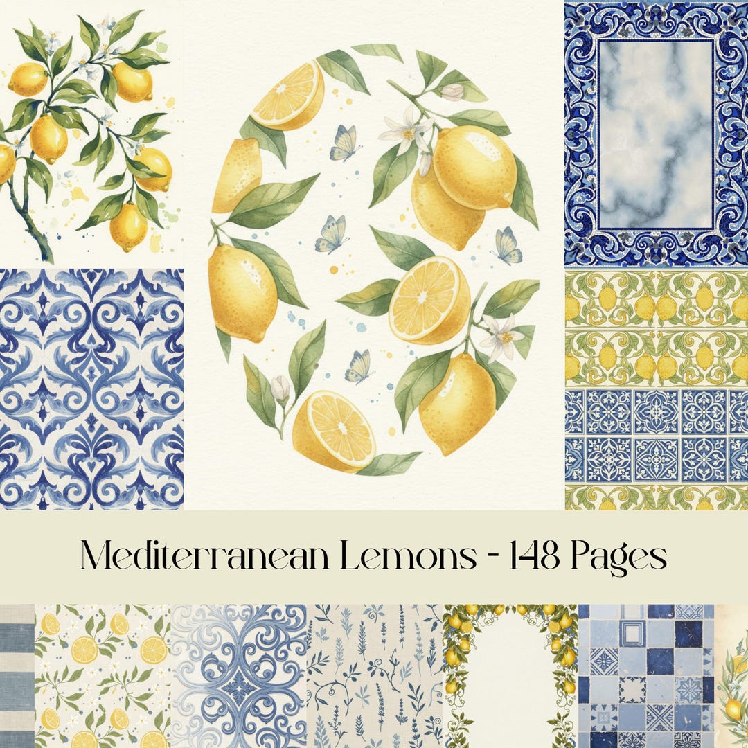 Mediterranean Lemon Digital Paper: Blue Tile Scrapbook (digital ...