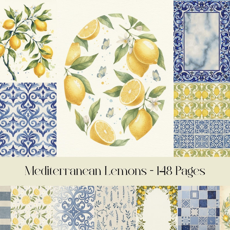 Mediterranean Lemon Digital Paper: Blue Tile Scrapbook (digital ...