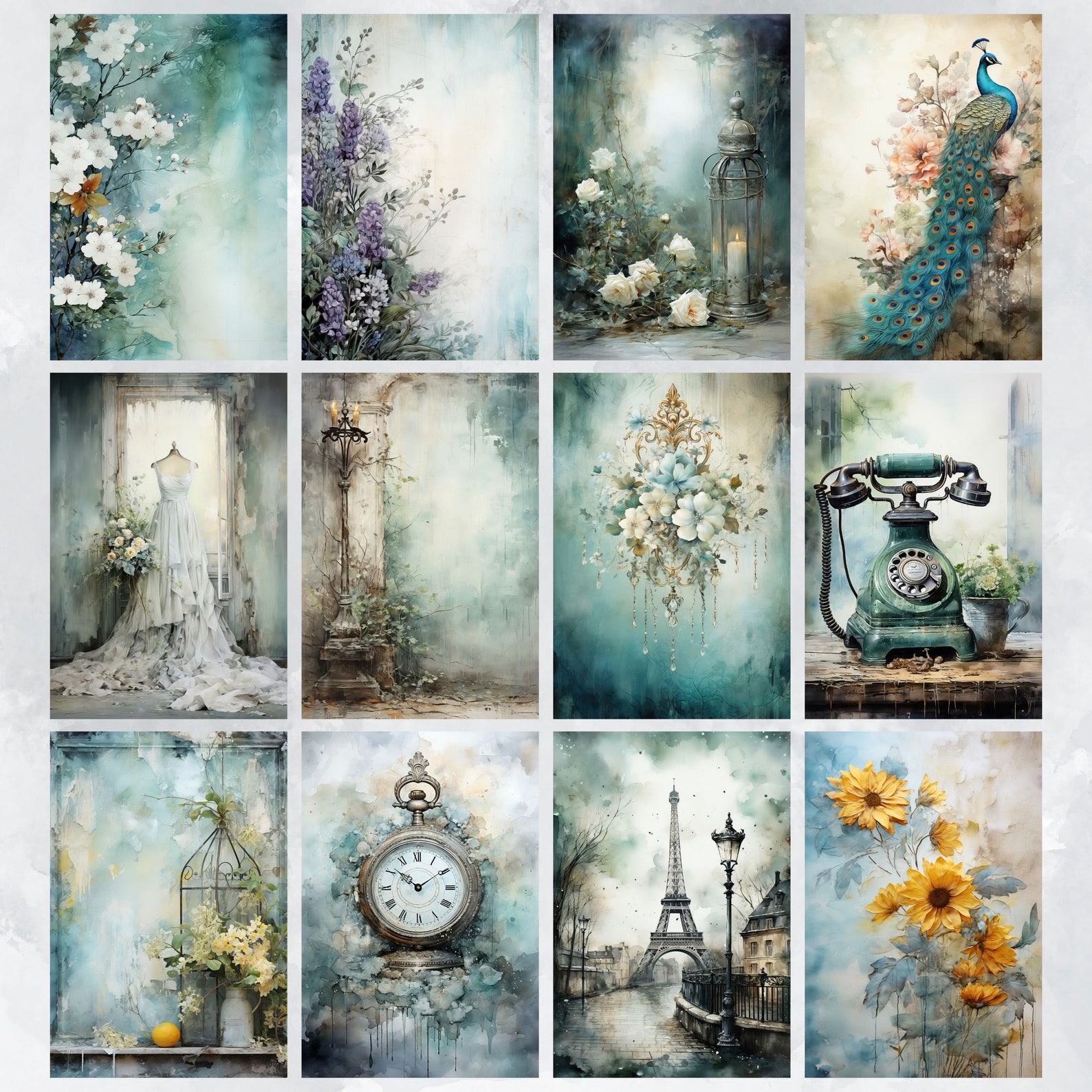 Teal & Gray Junk Journal Pages: Shabby Chic Ephemera (digital Download ...