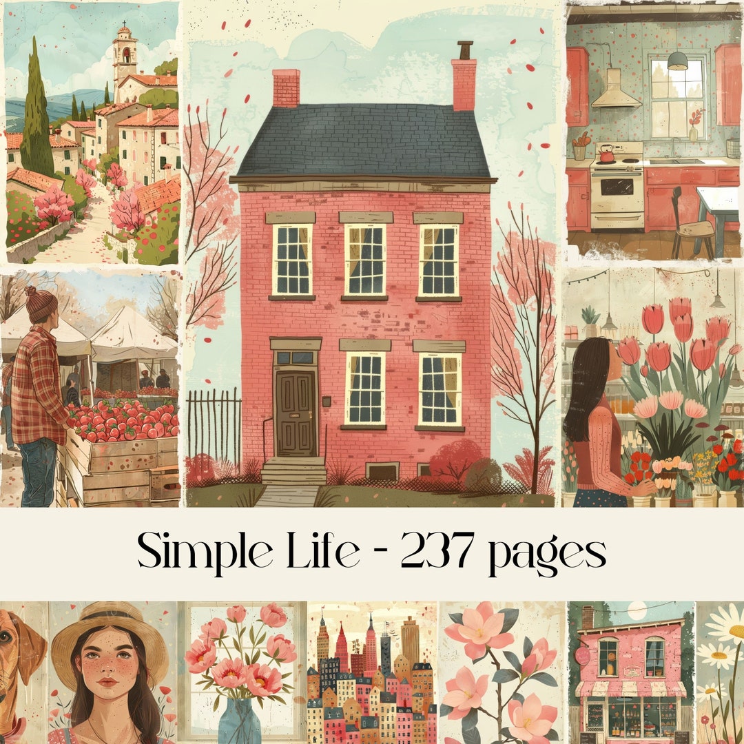 Simple Life Scrapbook Paper: Watercolor Town Illustrations (digital ...