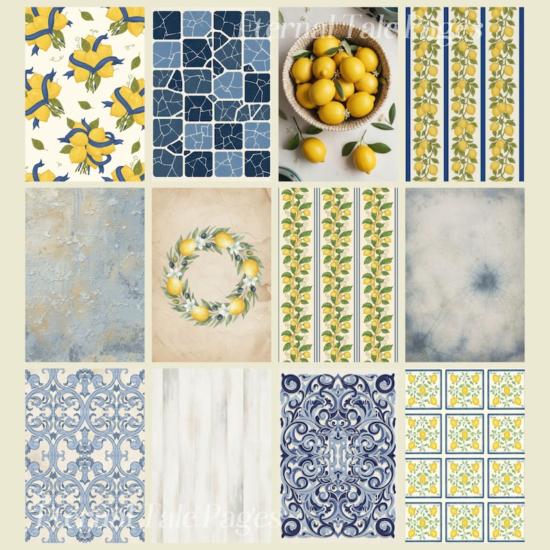 Mediterranean Lemon Digital Paper: Blue Tile Scrapbook (digital ...