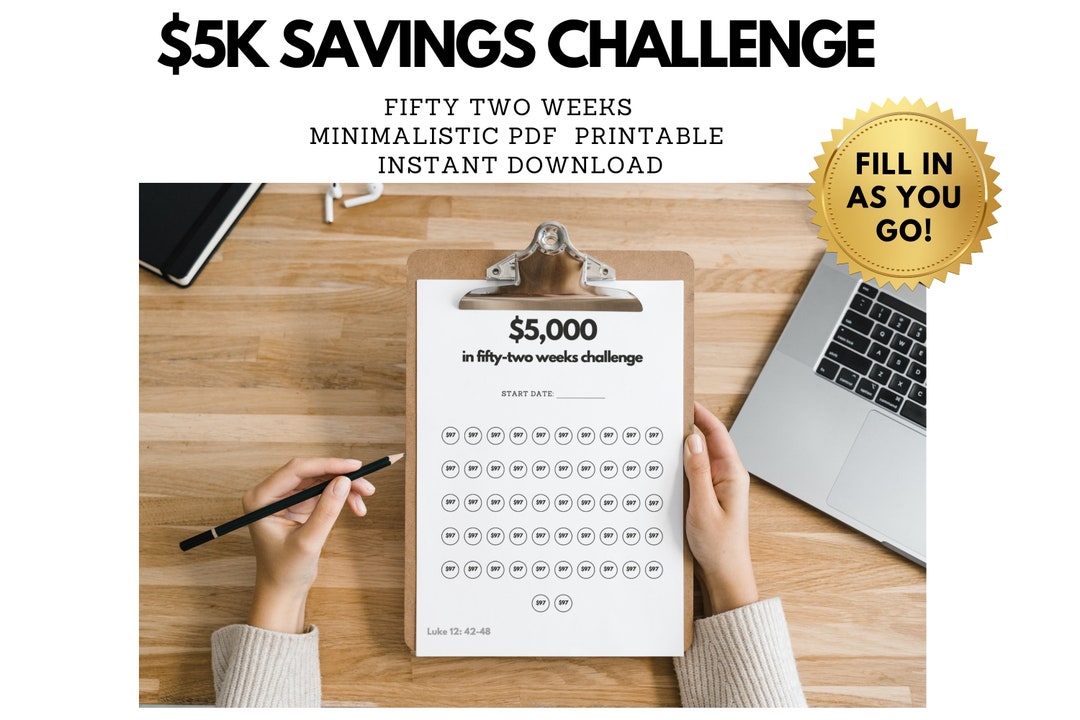 5K Savings Challenge Printable | 52 Weeks Challenge | EQUAL Amounts ...