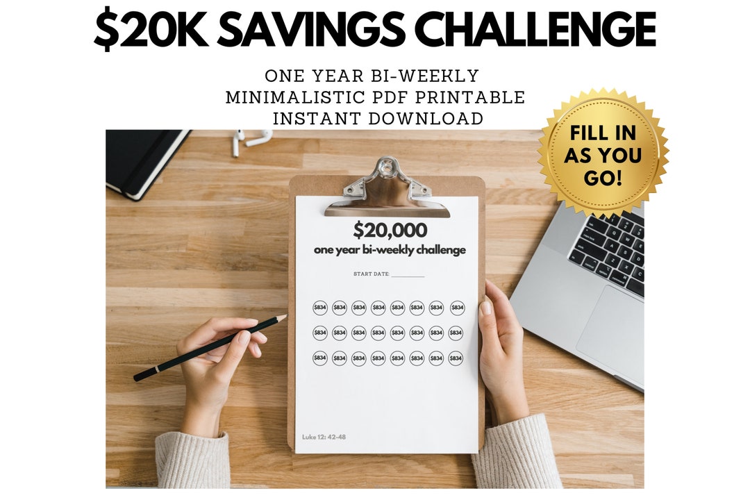 20K Savings Challenge Printable | One Year Bi-weekly | EQUAL Amounts ...