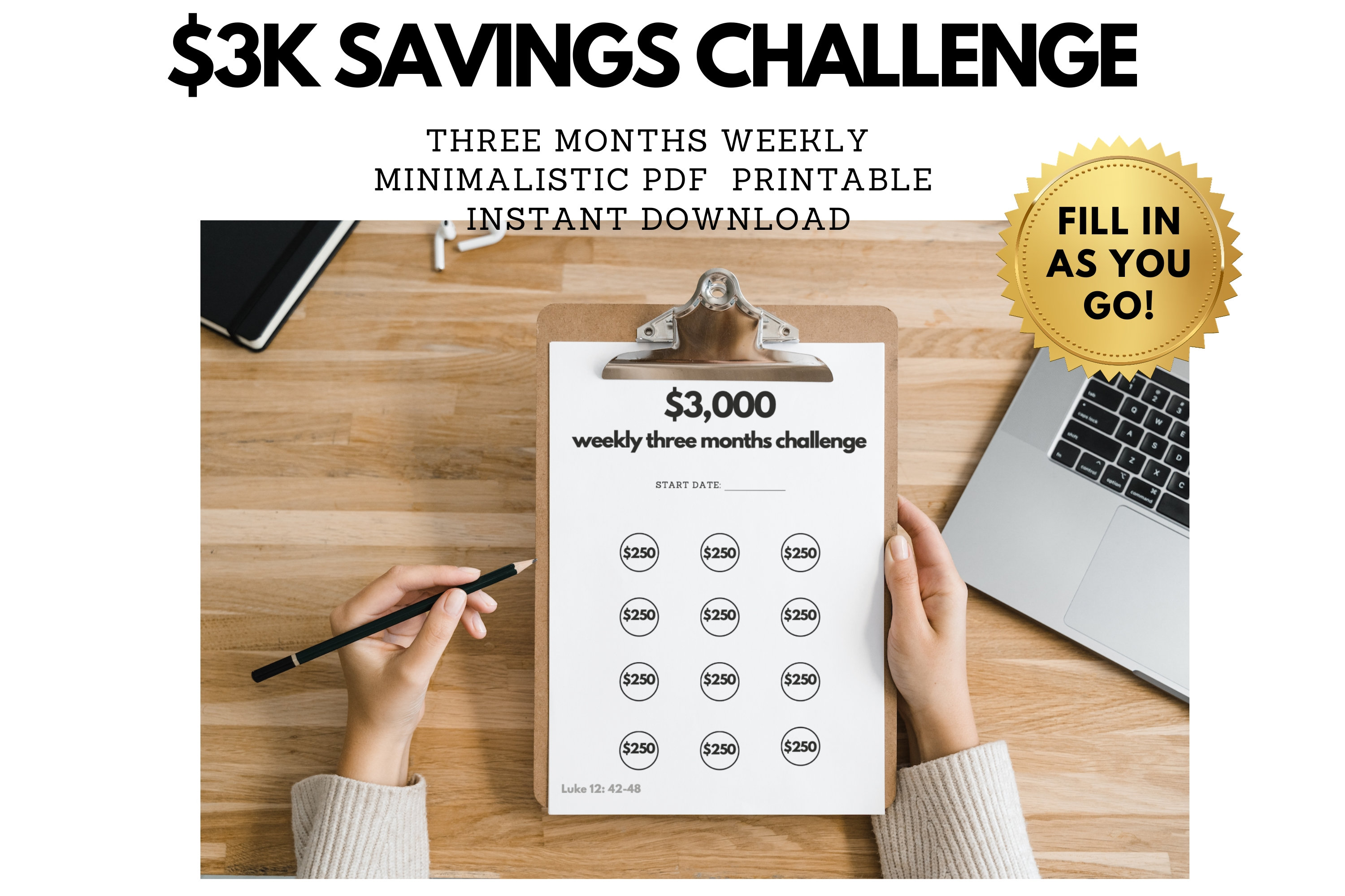 3K Savings Challenge Printable | 6 Months Weekly Saving Challenge ...