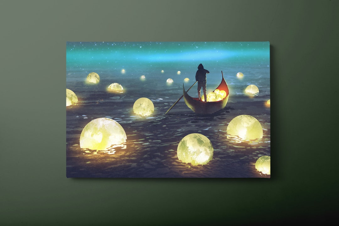 Boat Canvas Wall Art, Surreal Kayak Canvas Print, Moon Collector Canvas ...
