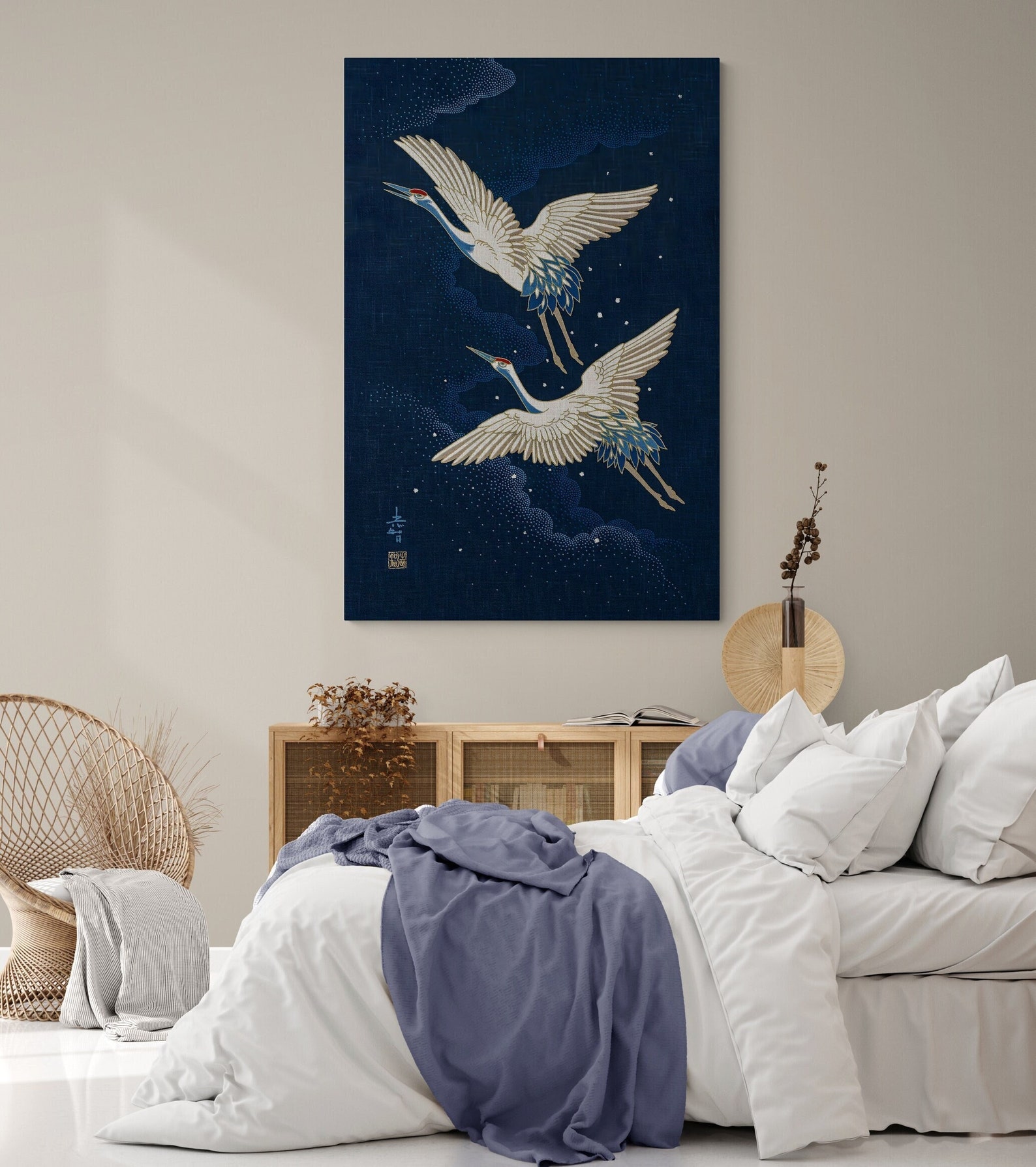 Stork Canvas Wall Art, Animal Canvas Print, Blue White Japanese Bird ...