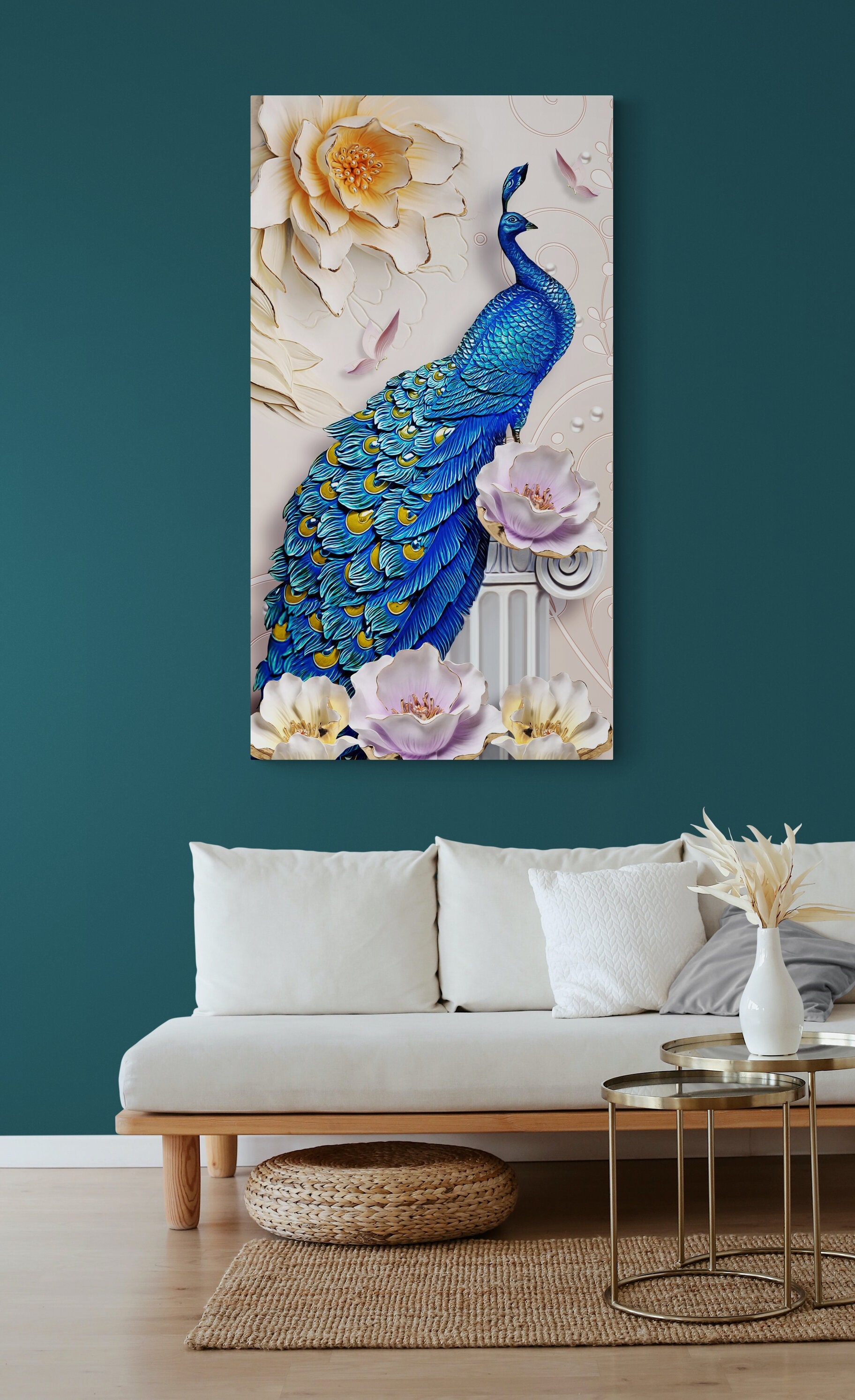 Peacock Canvas Wall Art, Peacock and Flowers Canvas Print, Blue Peacock ...