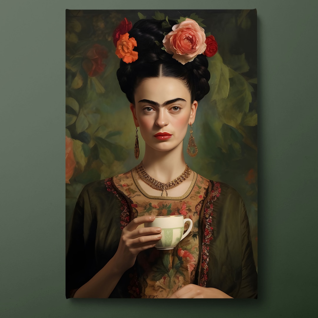 Frida Kahlo Canvas Wall Art, Frida Kahlo and Flowers Canvas Print ...