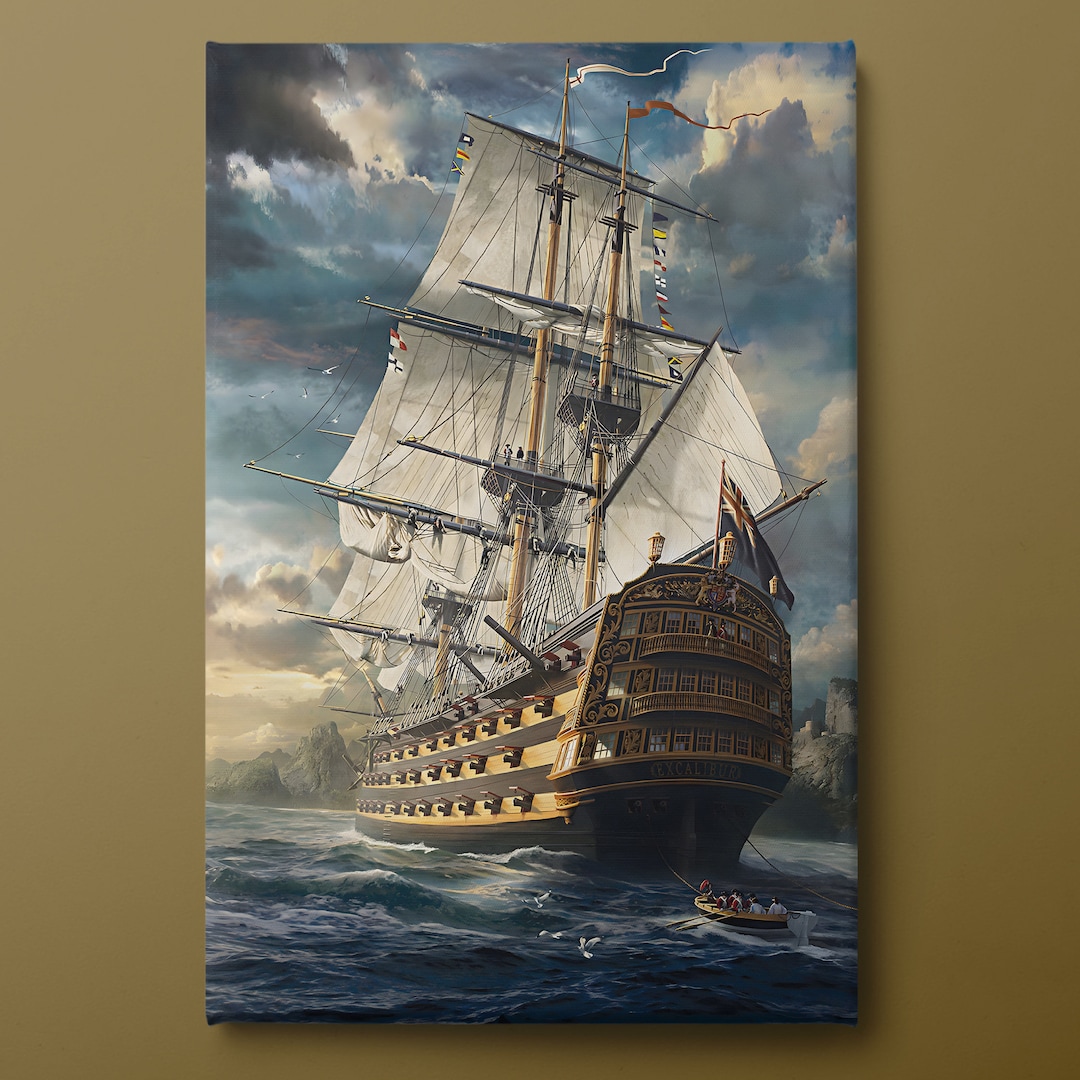 Sailboat on the Sea Canvas Wall Art, Battle Ship Canvas Print, Pirate ...