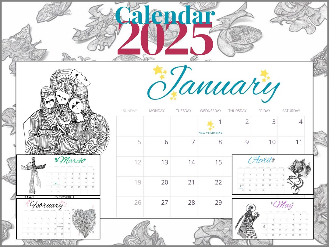 Printable 2025 Calendar, Digital Calendar Coloring, Monthly Planner ...