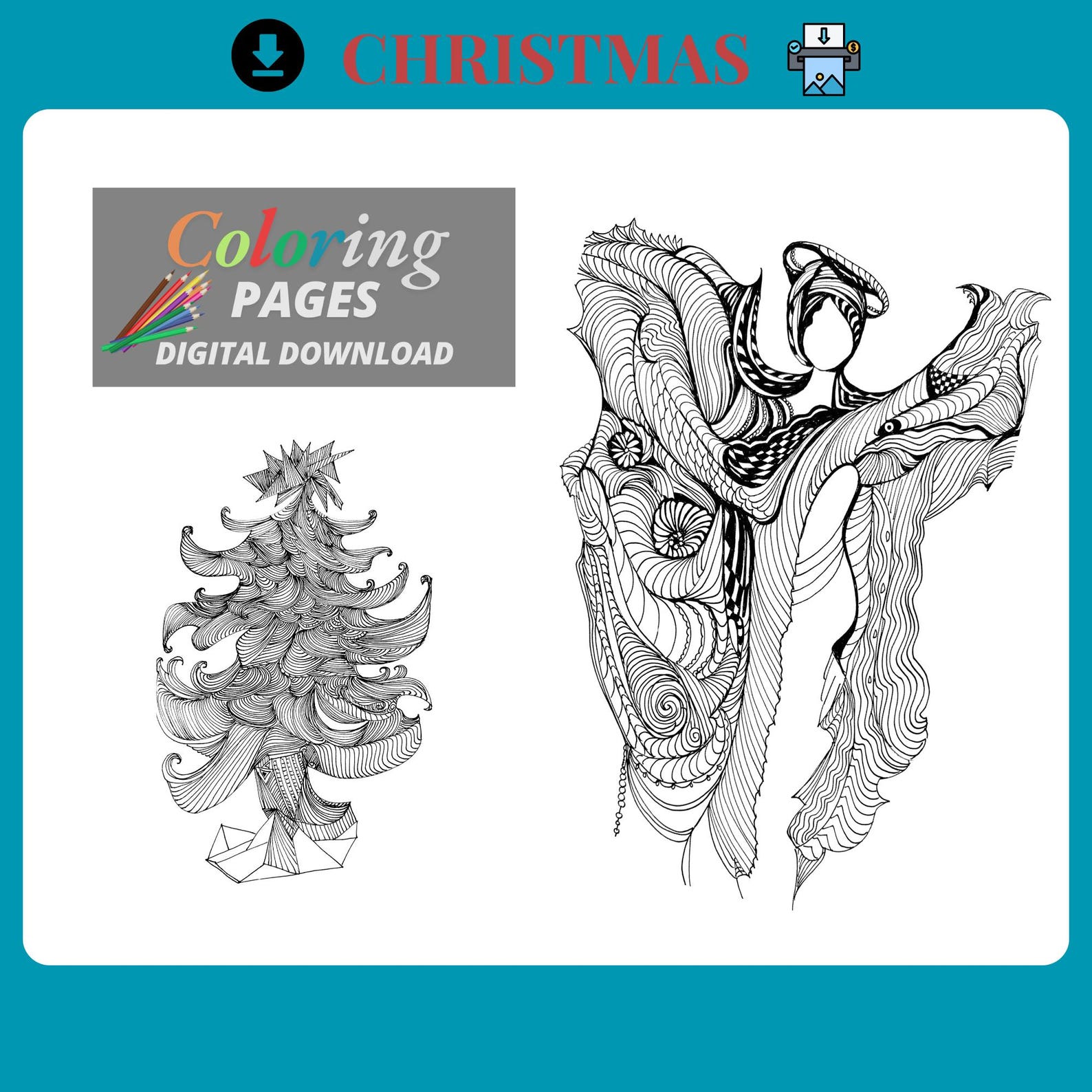 Digital Christmas Coloring Pages for Adults, Kids, Gifts, Christmas ...