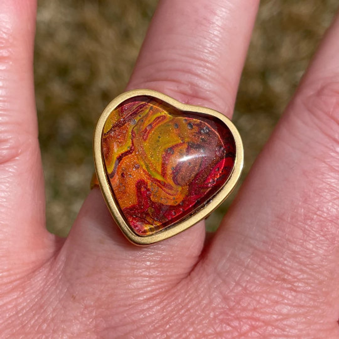 Red Heart Ring, Flow Art, Fluid Art Jewelry, Quirky Ring, Cottage Core ...