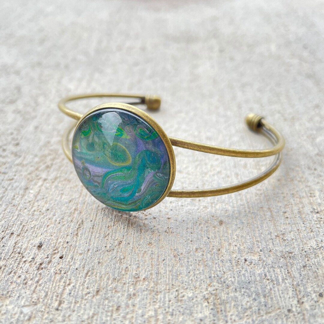 Green and Gold Flow Art Wide Cuff Bracelet, Fluid Art Jewelry, Boho ...