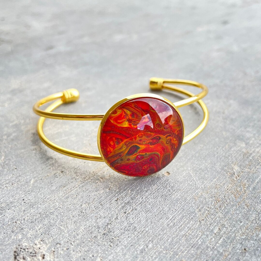 Red and Gold Flow Art Wide Cuff Bracelet, Fluid Art Jewelry, Boho ...