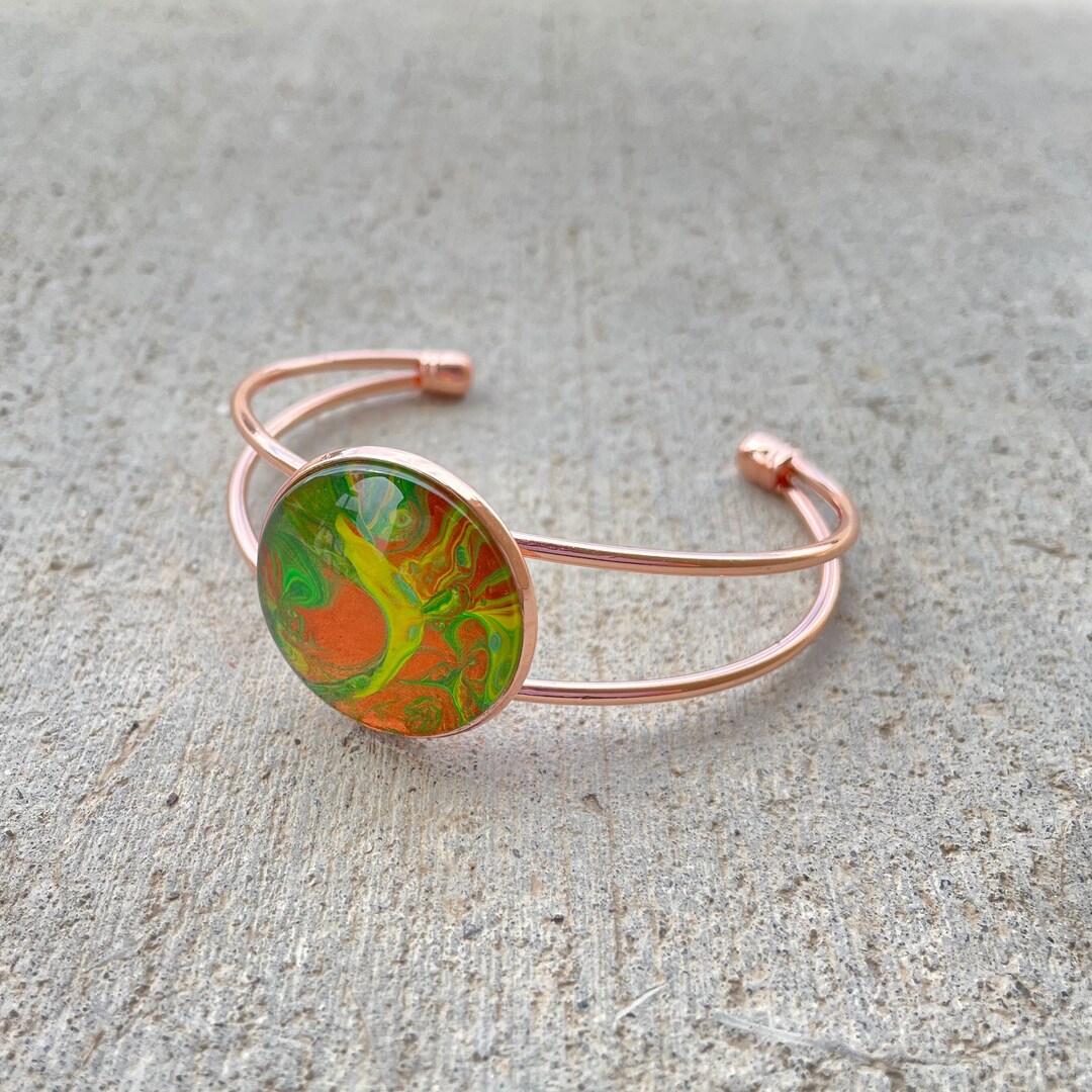 Green and Gold Flow Art Wide Cuff Bracelet, Fluid Art Jewelry, Boho ...