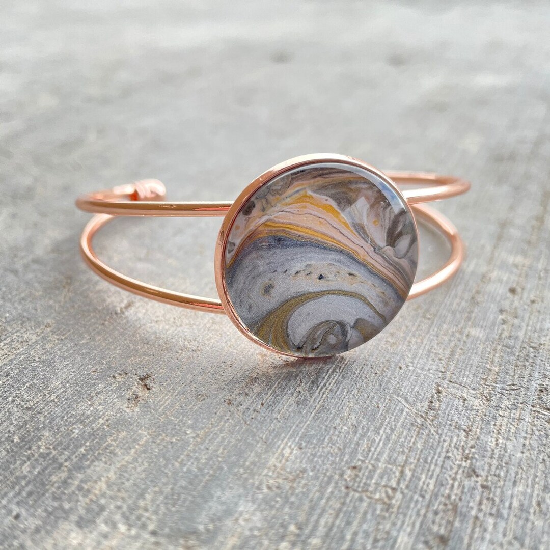 White and Gold Flow Art Wide Cuff Bracelet, Fluid Art Jewelry, Boho ...