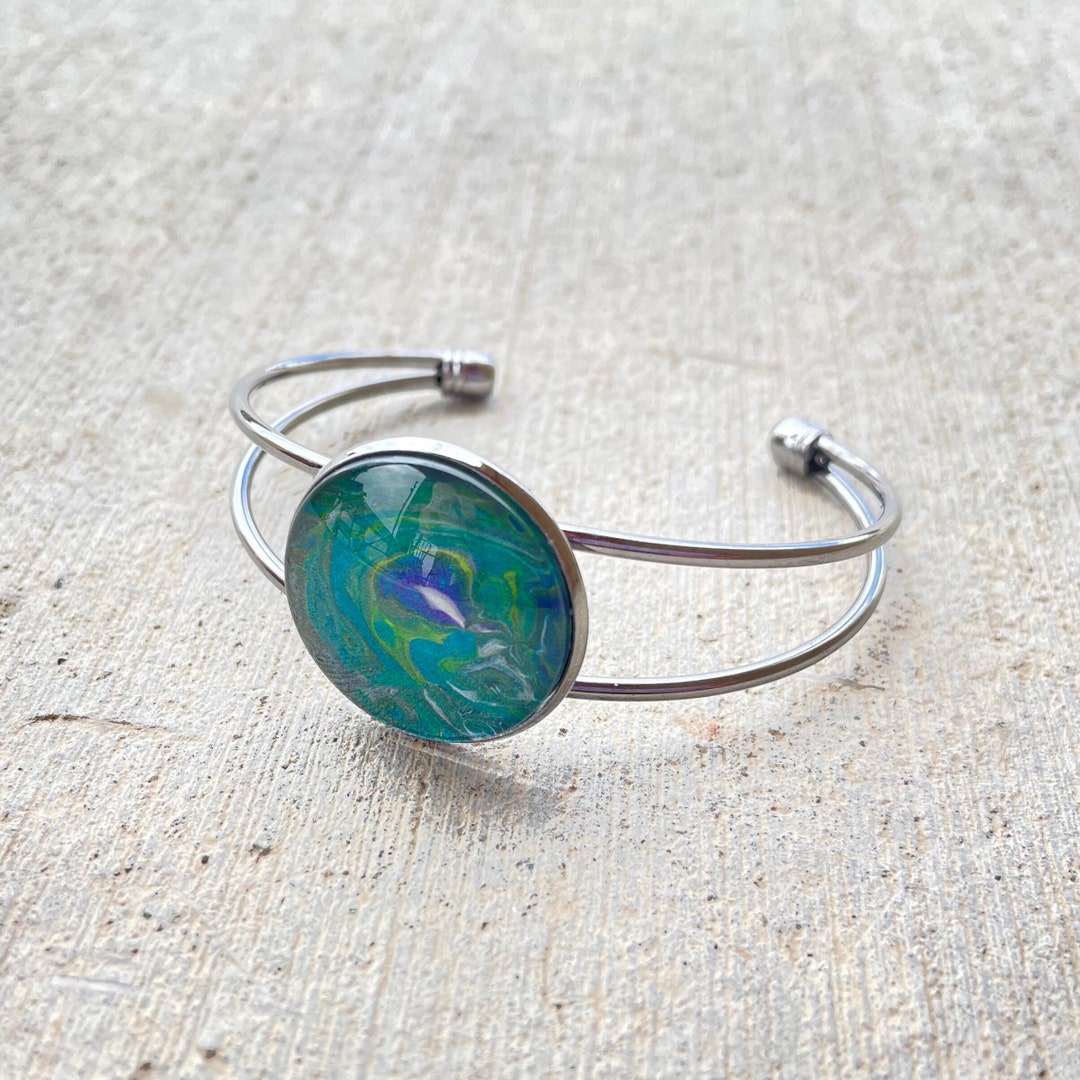 Green and Silver Flow Art Wide Cuff Bracelet, Fluid Art Jewelry, Boho ...