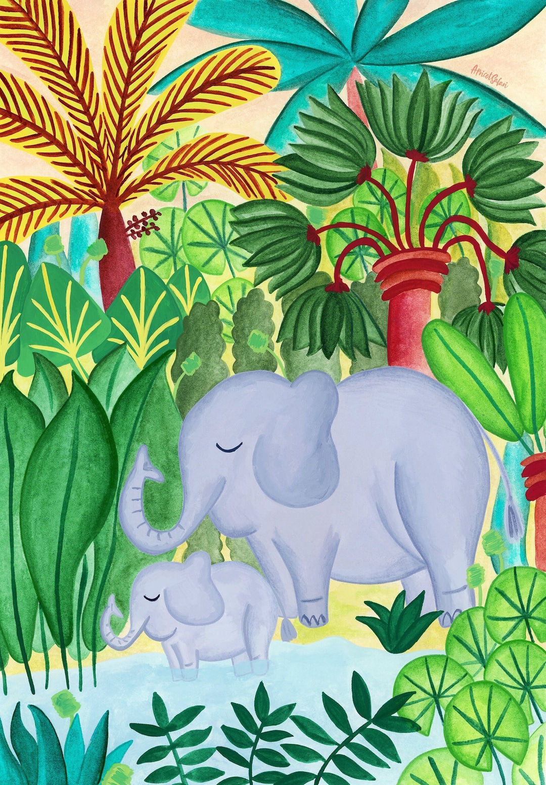 Elephant Oasis - Wall Art, Safari, Jungle Illustration, Home Decor ...