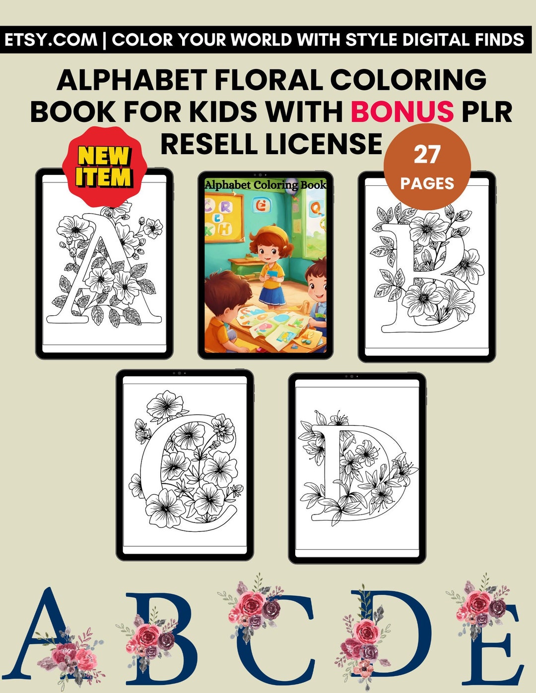 Alphabet Floral Coloring Book for Kids With BONUS PLR Resell License ...