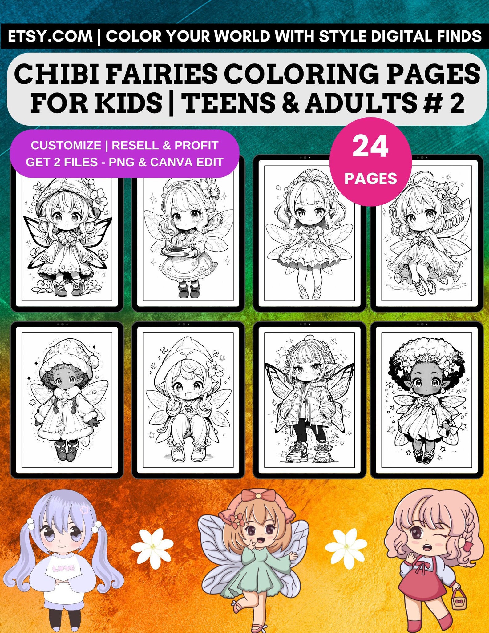 Chibi Fairy Girls Coloring Pages Part 2 (PNG & Canva) - Etsy