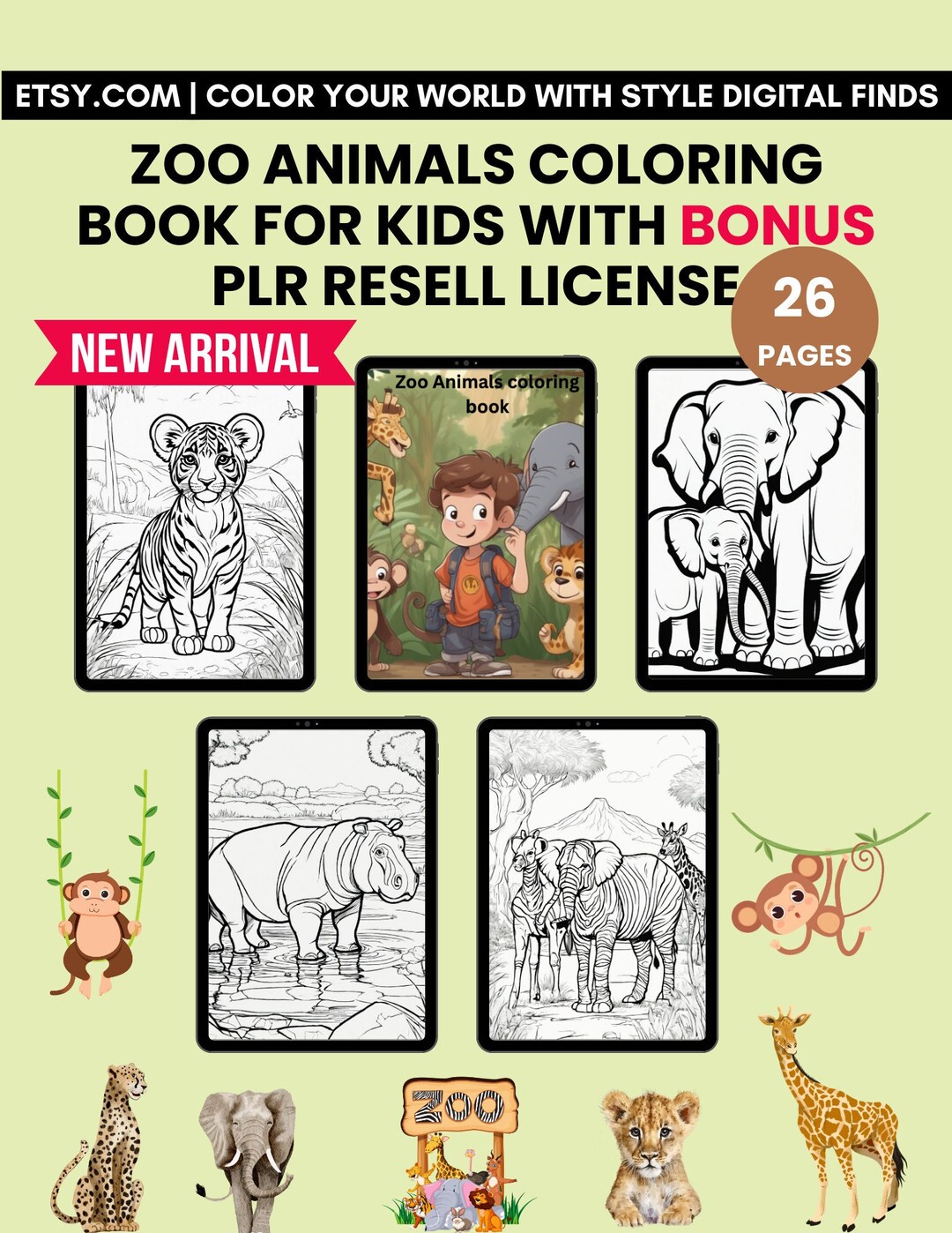 Zoo Animals Coloring Book VOL. 1 for Kids With BONUS PLR Resell License ...