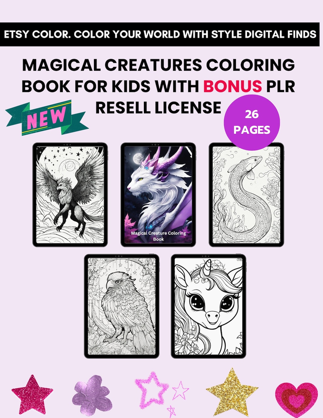 Magical Creatures Coloring Book for Kids With BONUS PLR Resell License ...