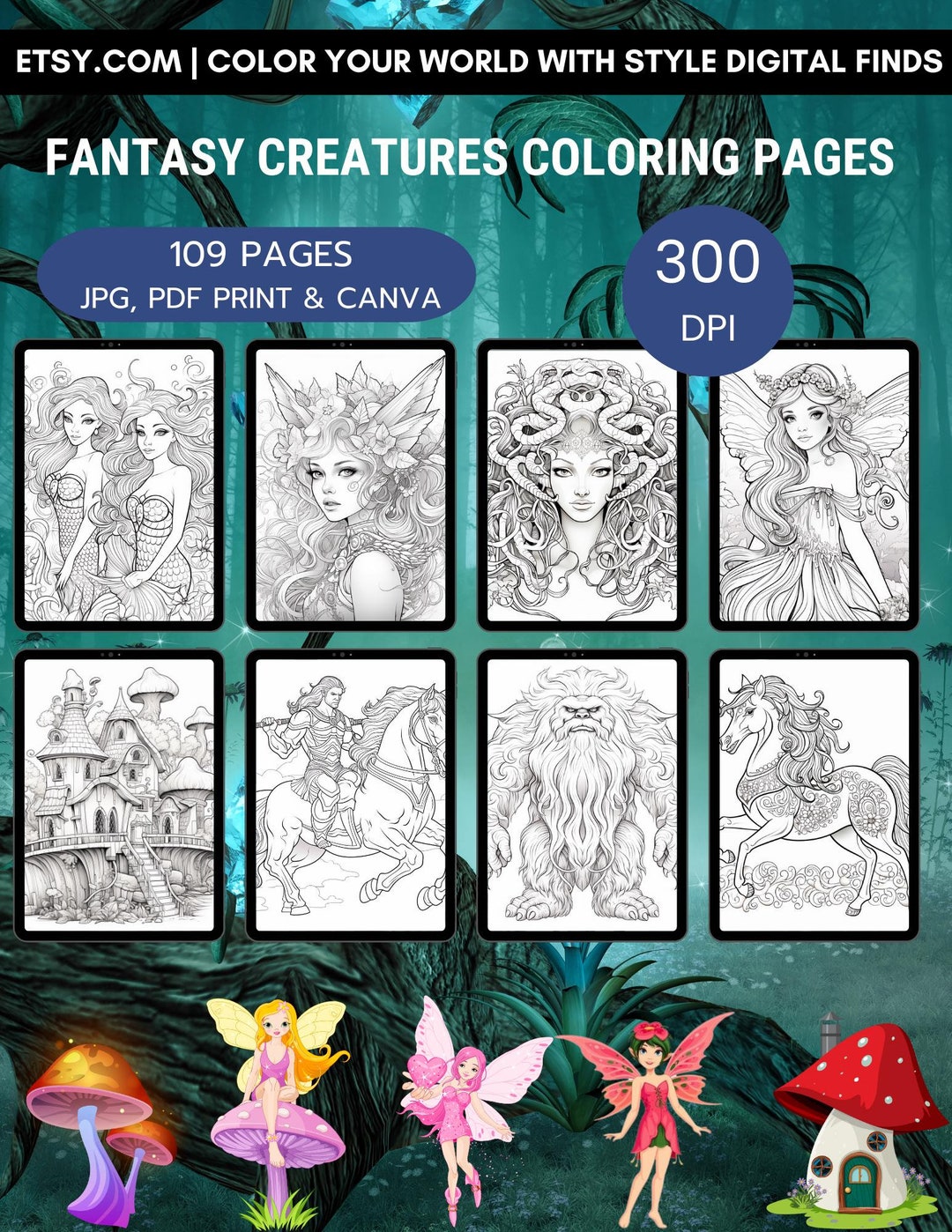 Fantasy Creatures Coloring Pages | Printable PDF | 300 DPI With 109 ...