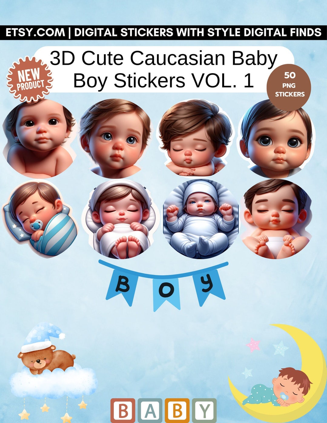 3D Cute Caucasian Baby Boy Stickers VOL. 1 - Realistic and True to Life ...