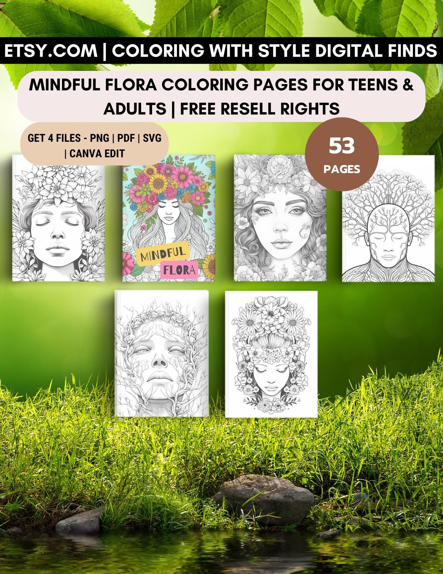 Mindful Flora Coloring Pages for Teens & Adults Get 4 Files SVG, PNG ...